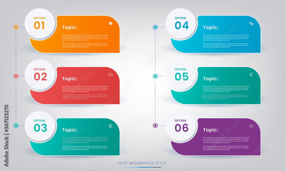 6 panels info graphic grey background. Business workflows. Process ...