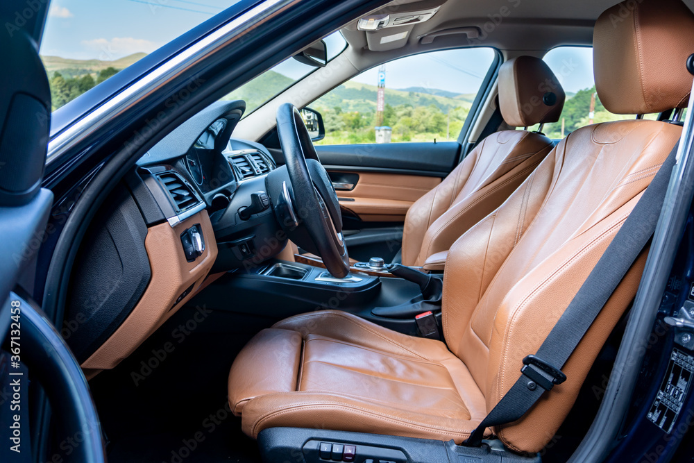 Cluj-Napoca,Cluj/Romania-21.07..2020-Brown leather interior seats and ...