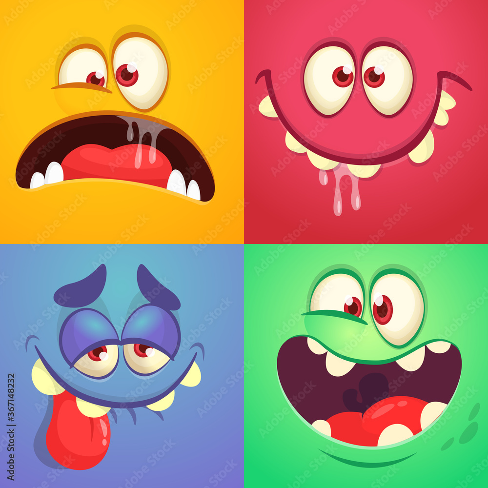 Cartoon monster faces set. Vector collection of four Halloween monster ...