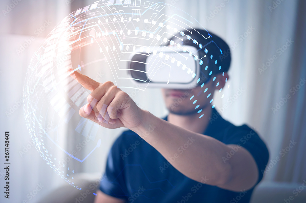 man in vr glasses, watching 360 degree video World map with virtual ...