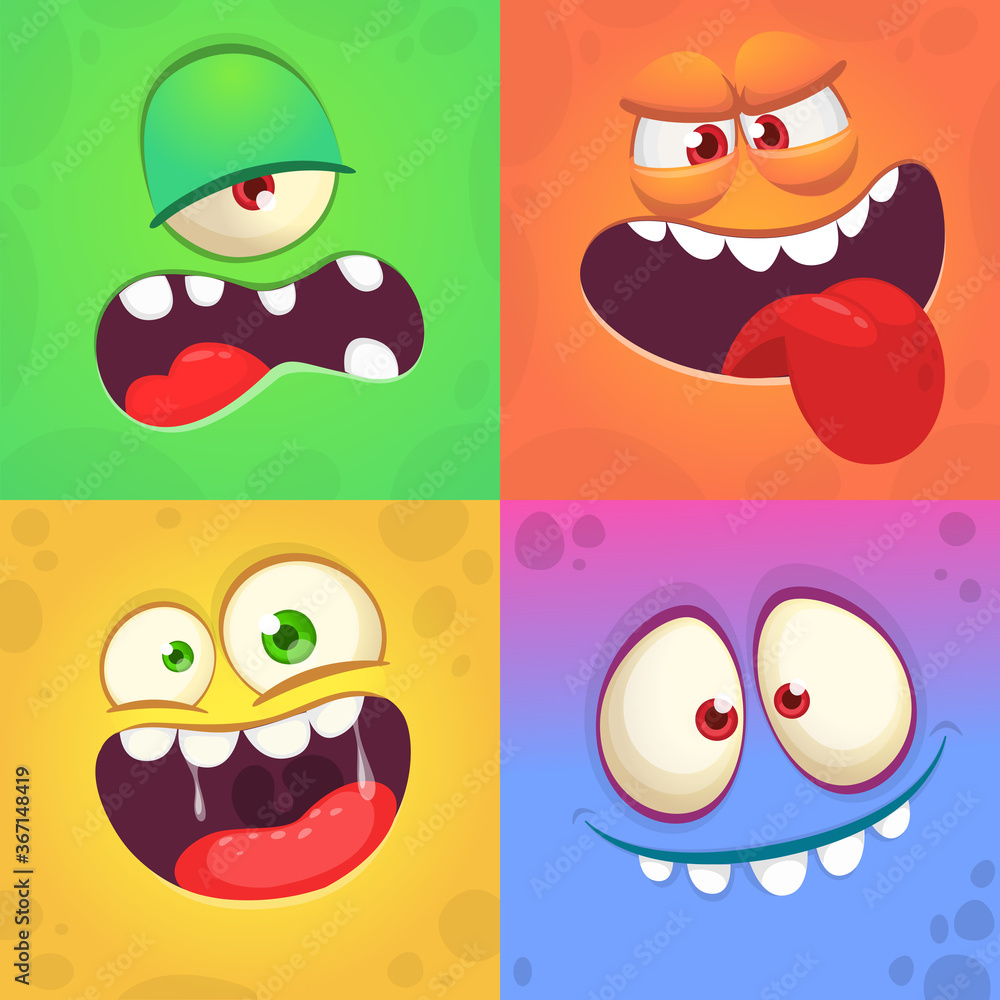 Cartoon monster faces set. Vector collection of four Halloween monster ...
