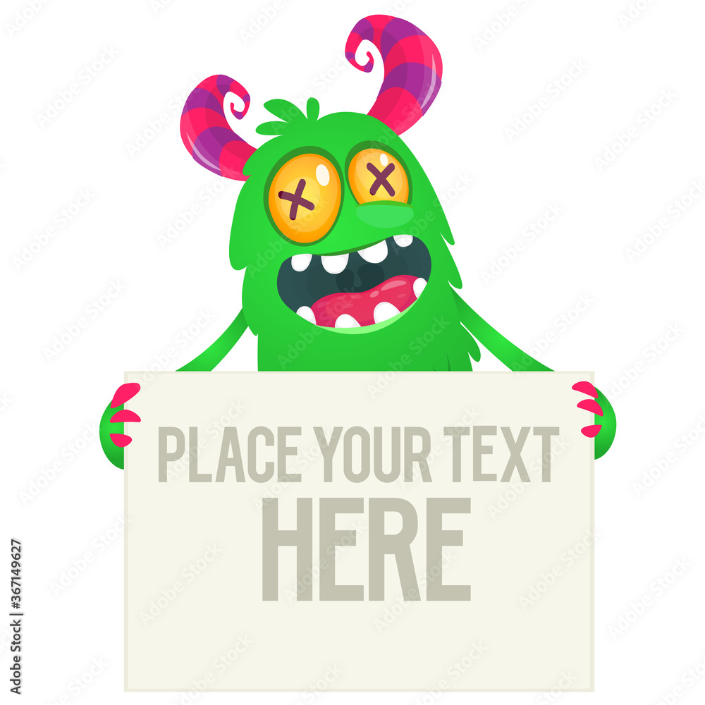 Catoon monster holding blank sign with sample message on it. Vector ...