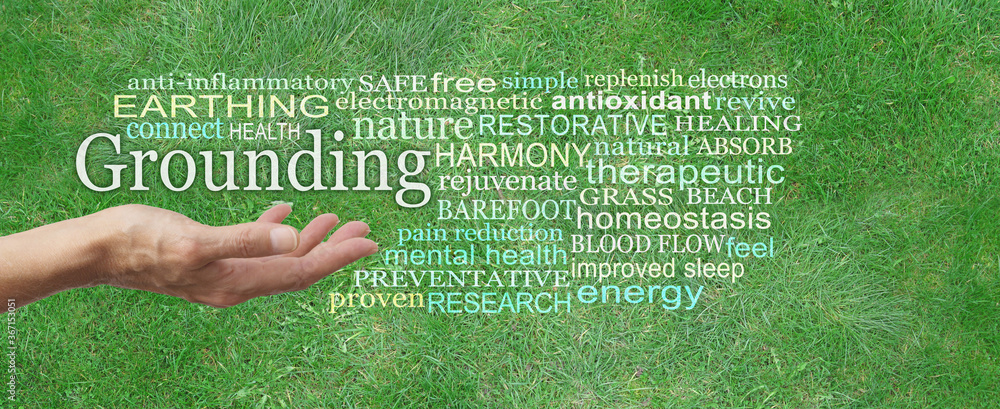 Grounding earthing Word Tag Cloud - female hand palm up outstretched ...