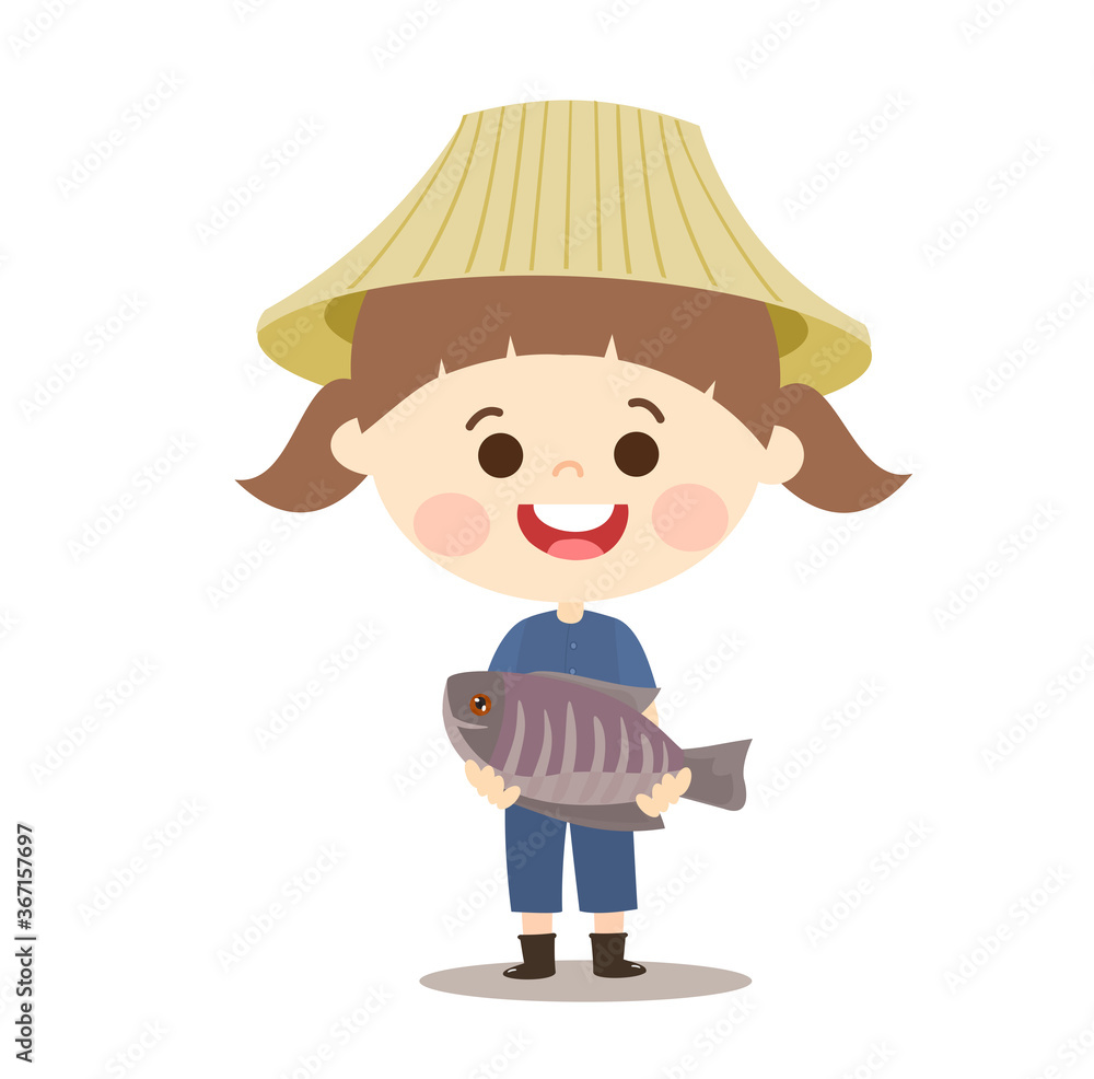 Cartoon cute farmer have fish vector Stock Vector | Adobe Stock