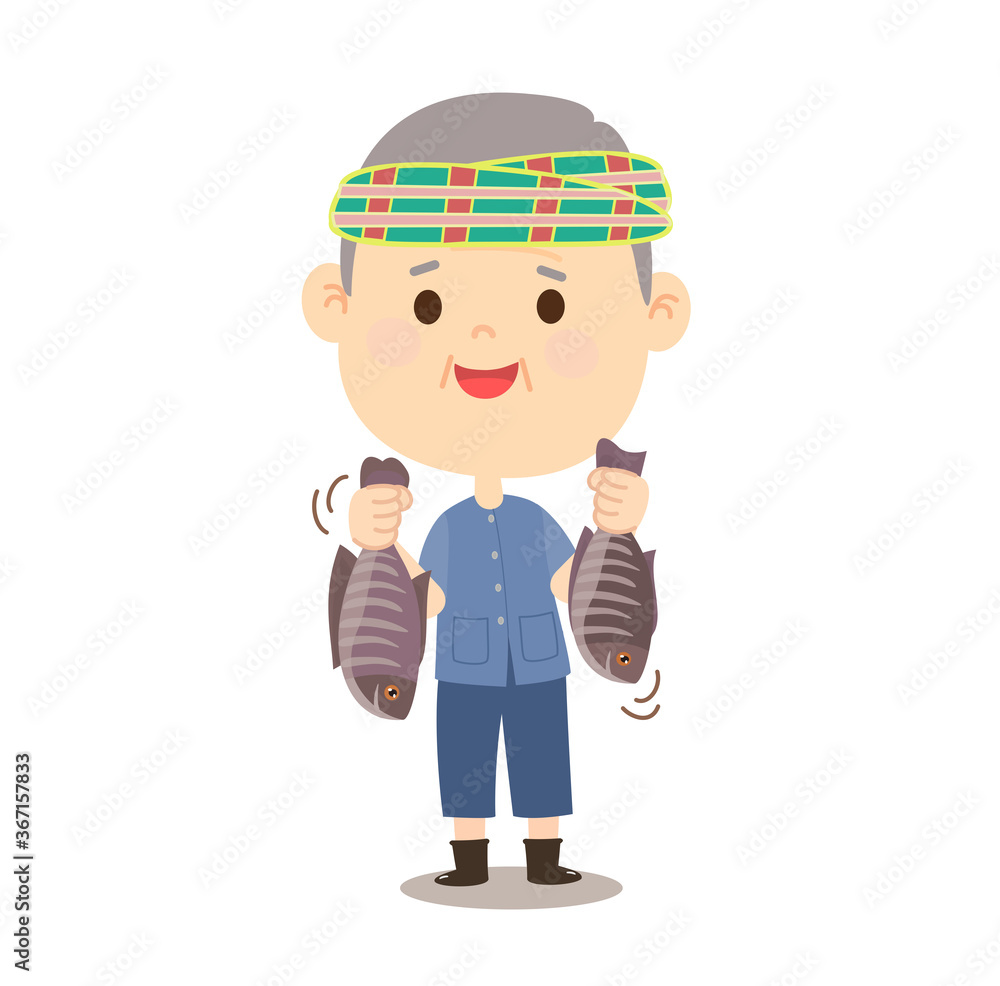 Cartoon cute farmer have fish vector Stock Vector | Adobe Stock