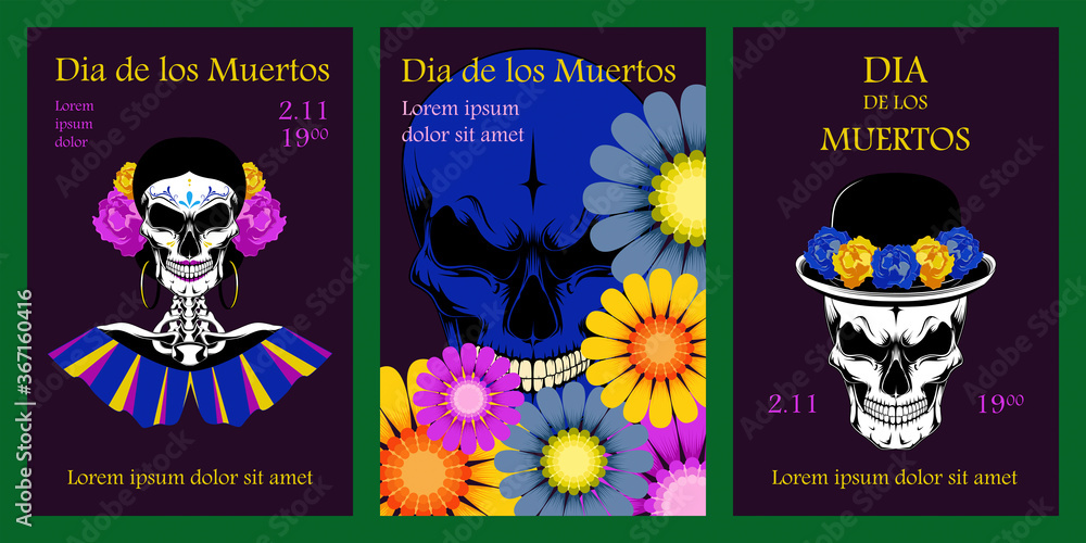 Set of vector illustrations for the day of the dead. Templates for ...
