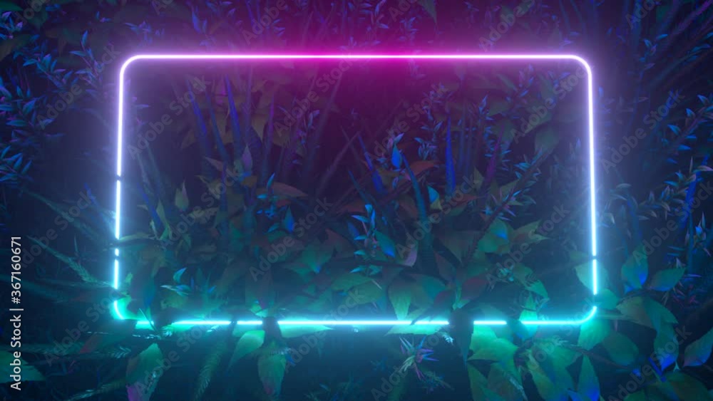 A bright ultraviolet neon frame appears against a backdrop of tropical ...