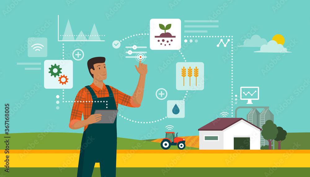 Contemporary farmer monitoring his farm with a digital app Stock Vector ...