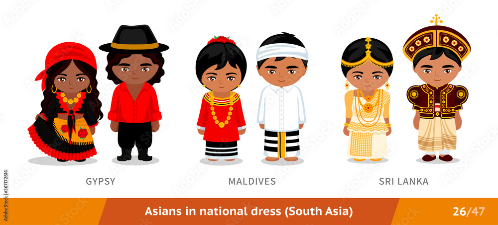Gypsy, Maldives, Sri Lanka. Men and women in national dress. Set of ...