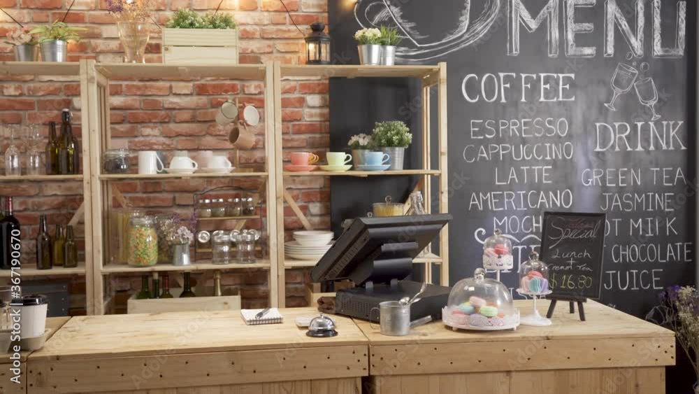 Empty cafe store interior in daytime. vintage style of coffee shop with ...