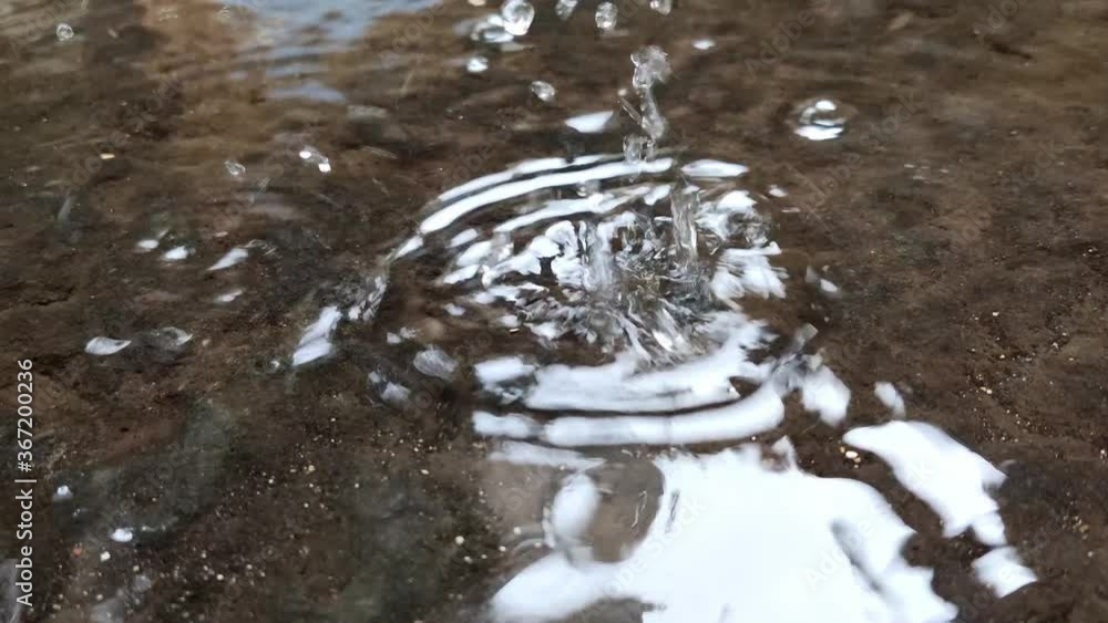 Rain falling on pavement Rain water drop falling to the floor. The rain ...