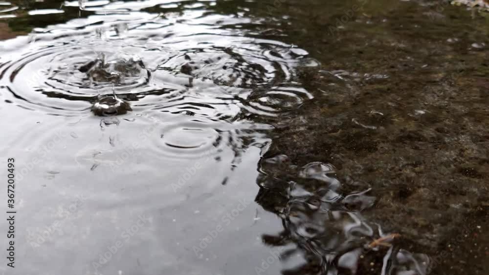 Rain falling on pavement Rain water drop falling to the floor. The rain ...