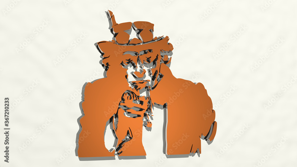UNCLE SAM on the wall. 3D illustration of metallic sculpture over a ...