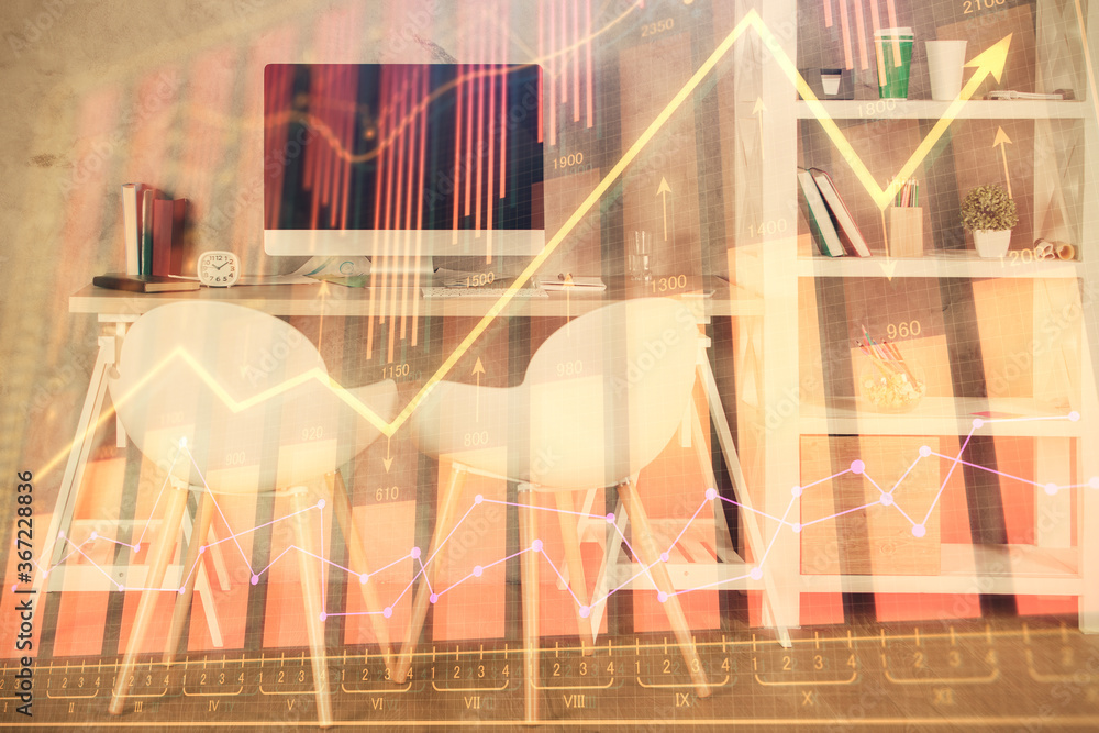 Multi exposure of stock market chart drawing and office interior ...