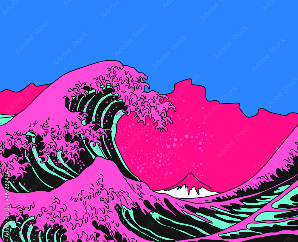 Great Wave in Vaporwave Pop Art style. View on the Mount Fuji and ocean ...