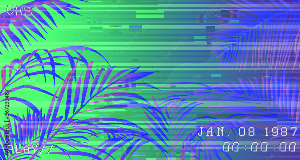 Ambient cyberpunk scene with palm leaves on glitched screen with VHS ...