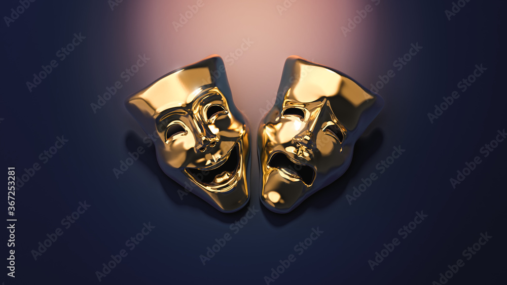 Golden theater masks of drama and comedy on a purple background (3D ...