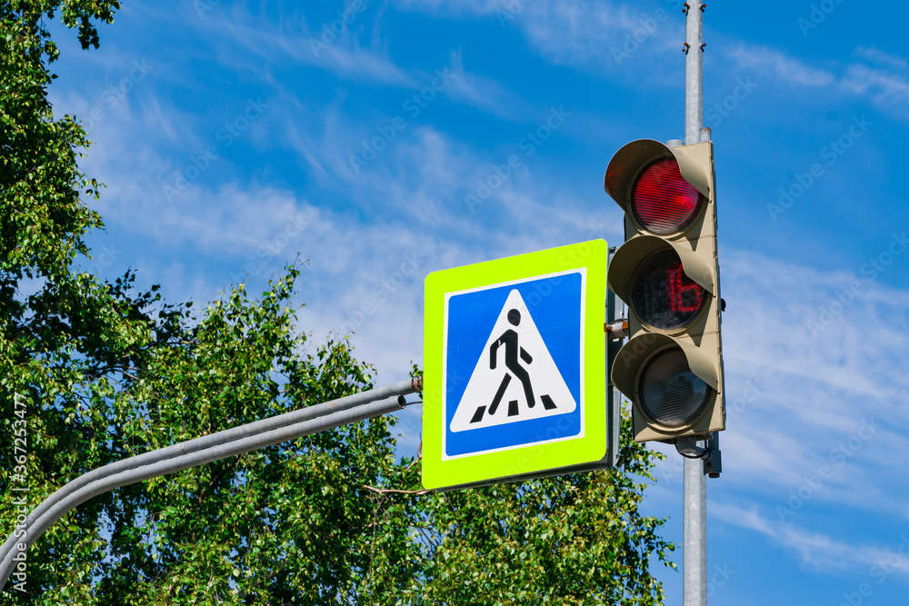 Road sign pedestrian crossing and traffic light in summer Stock Photo ...