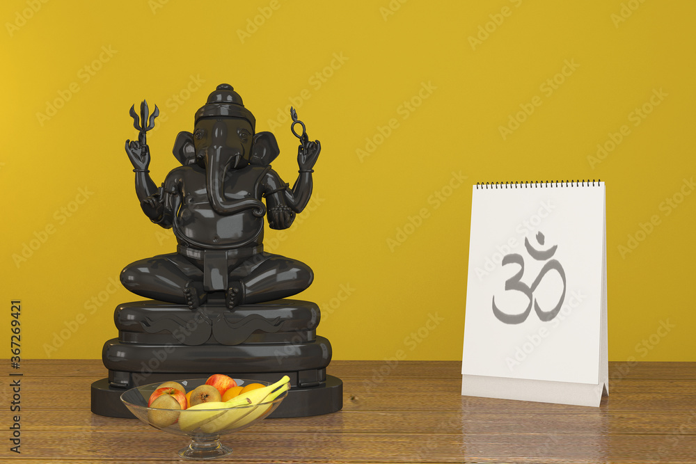 Lord Ganesh sculpture, Hindu statue of ganpati with Om sign Calendar on ...