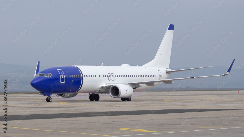 Side view of airplane. Wing, engine, windows, landing gear of white ...