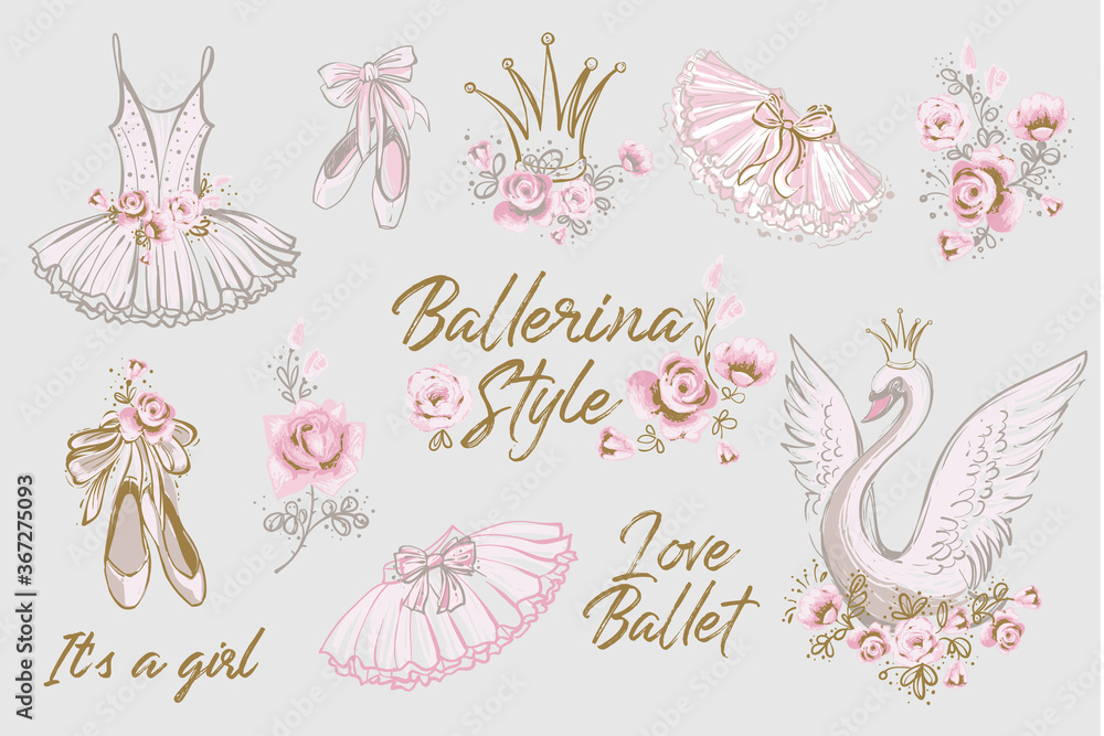 Cute ballet vector watercolor set. Hand drawn balerina dress, tutu ...