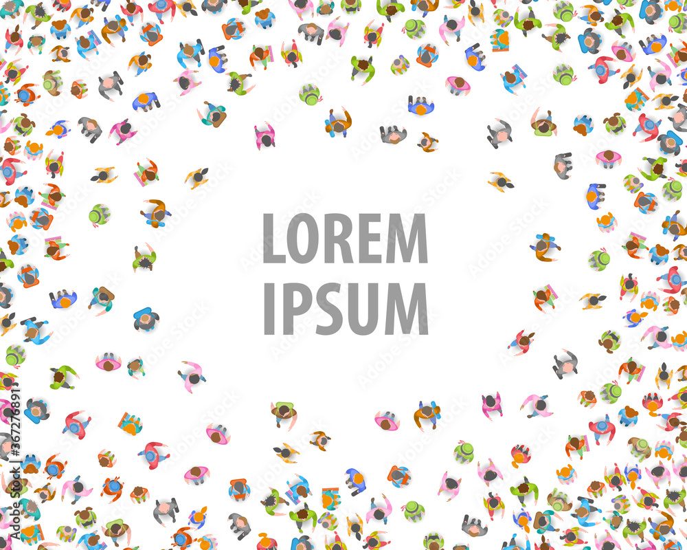 People crowd in the shape of a round frame. Top view. Large group of ...