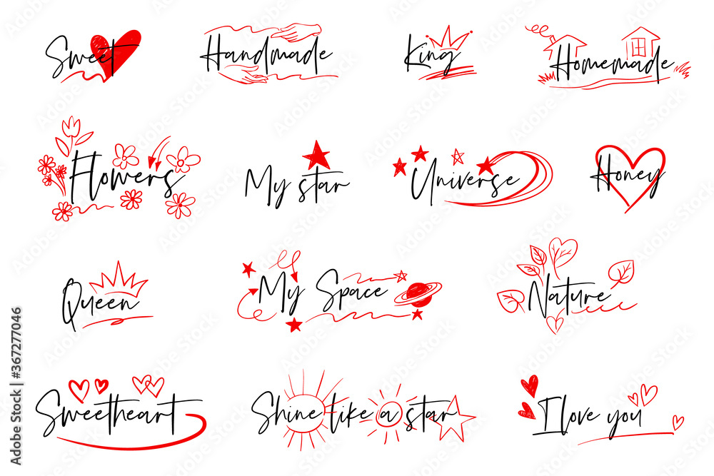 Hand drawn emphasis elements, black and red on white background. Vector ...