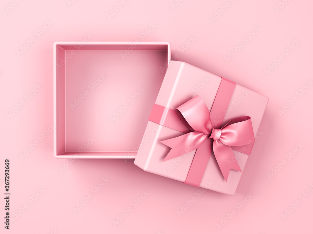 Blank pink pastel color present box or open gift box with pink ribbon ...