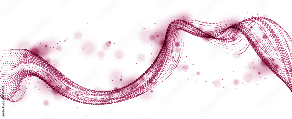 Flowing energy particles, wave of blended dots. Curved dotted 3d lines ...