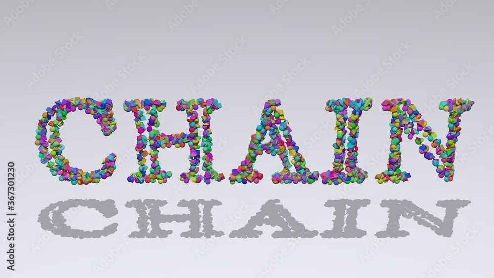 CHAIN: 3D illustration of the text made of small objects over a white ...