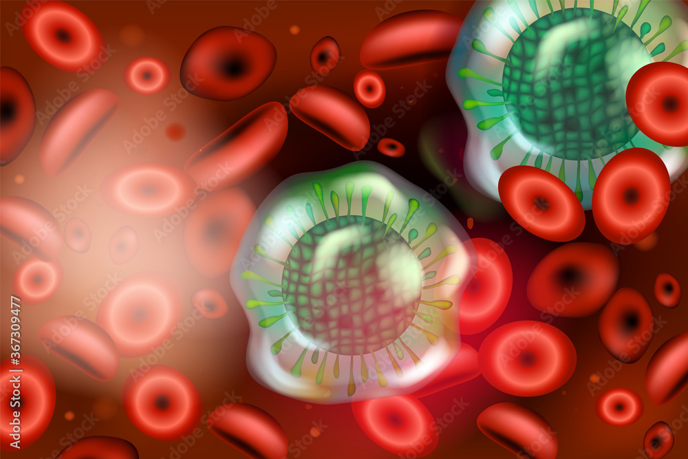Viruses in blood flow. Red blood cells under microscope. Stock Vector ...