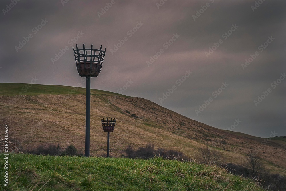 Fire beacons at Corfe Castle in Dorset, UK foto de Stock | Adobe Stock