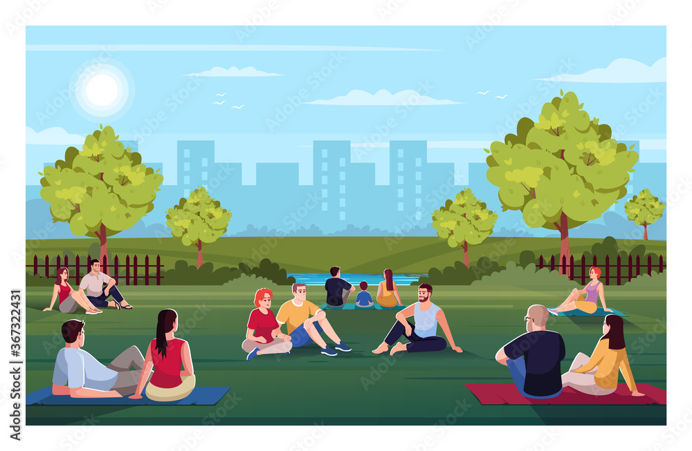 Urban park semi flat vector illustration. Friends rest together outside ...