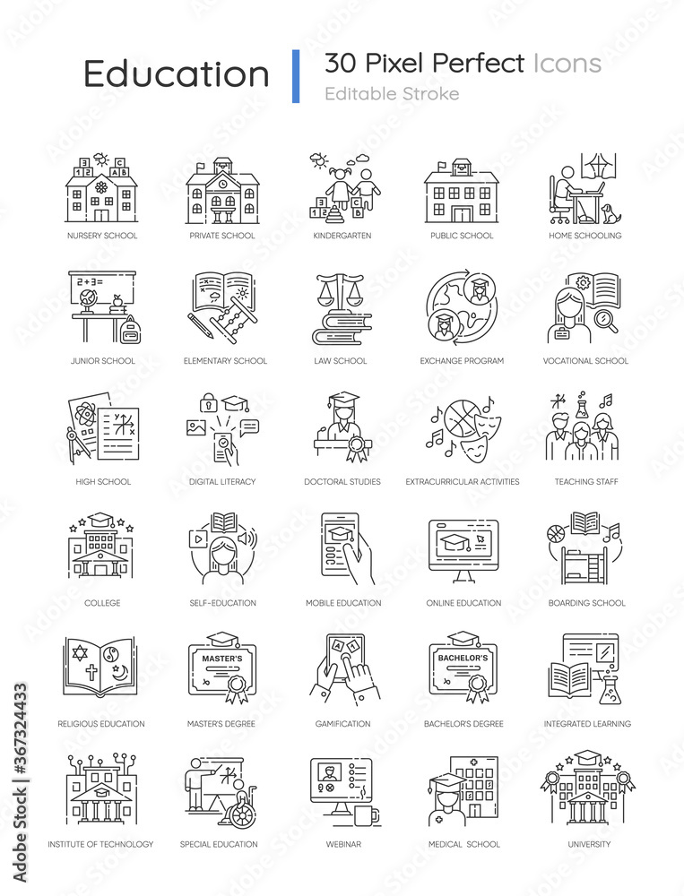 Education pixel perfect linear icons set. Learning process, student ...