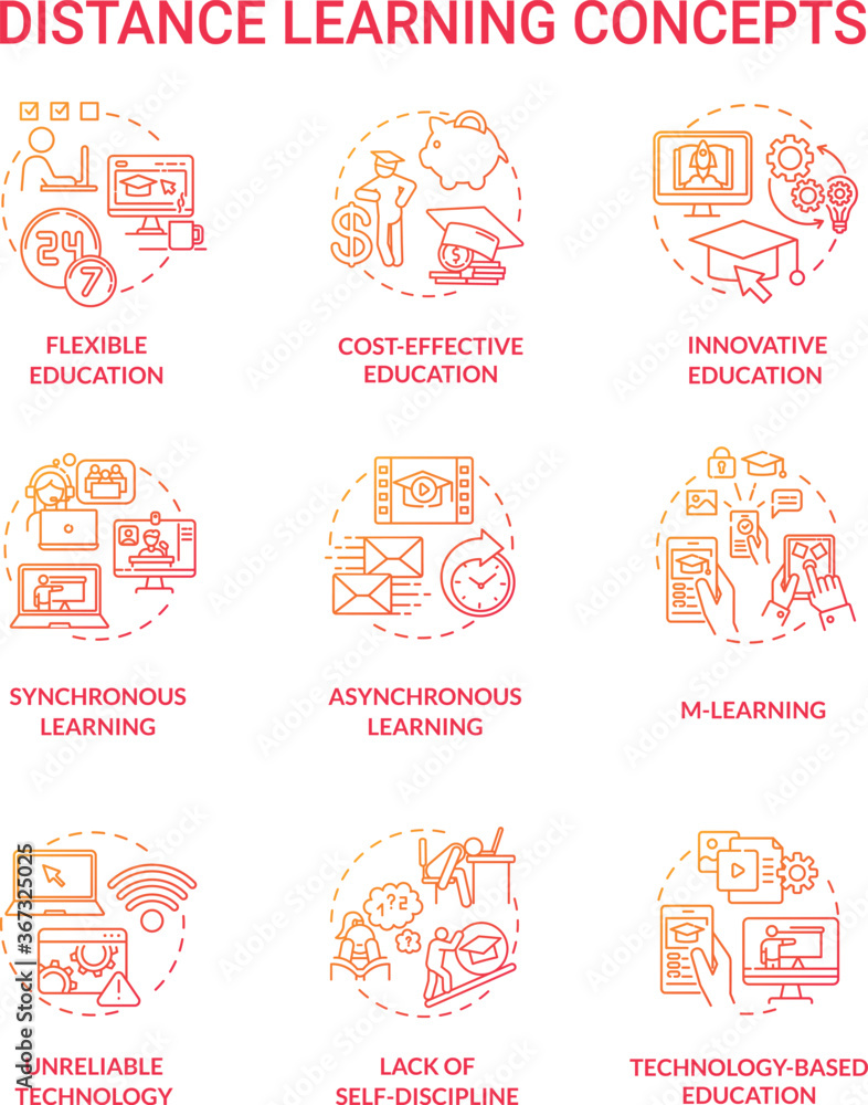 Distance learning concept icons set. Flexible education. Technology ...