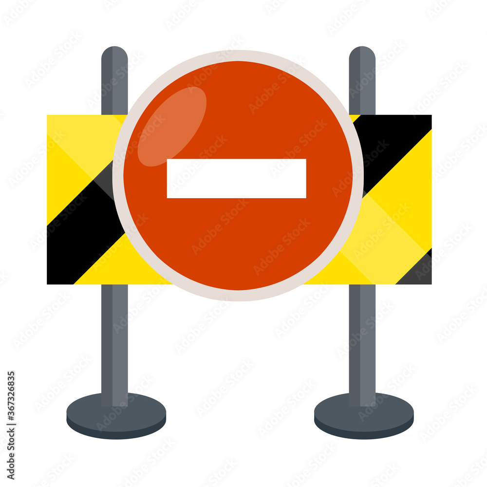Road works. No-entry sign. Closed road. Yellow plate with strip ...