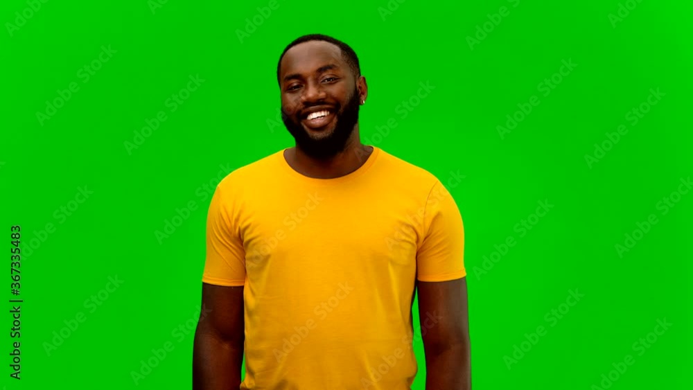 Laughing man welcoming, waving hand and saying "hi". Alpha channel ...