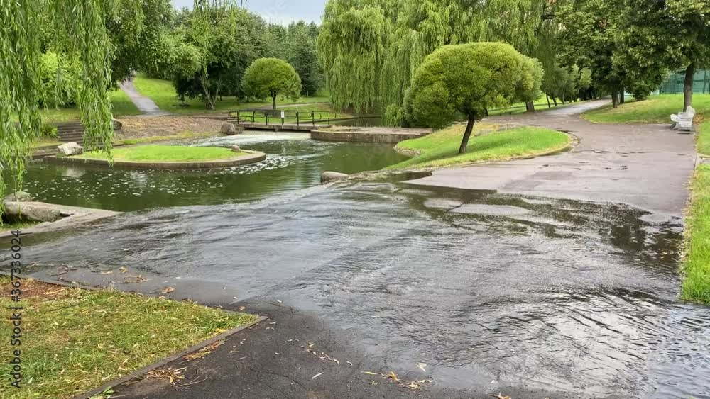 Water due to heavy rain flooded roads in city Park. Autumn rain water ...