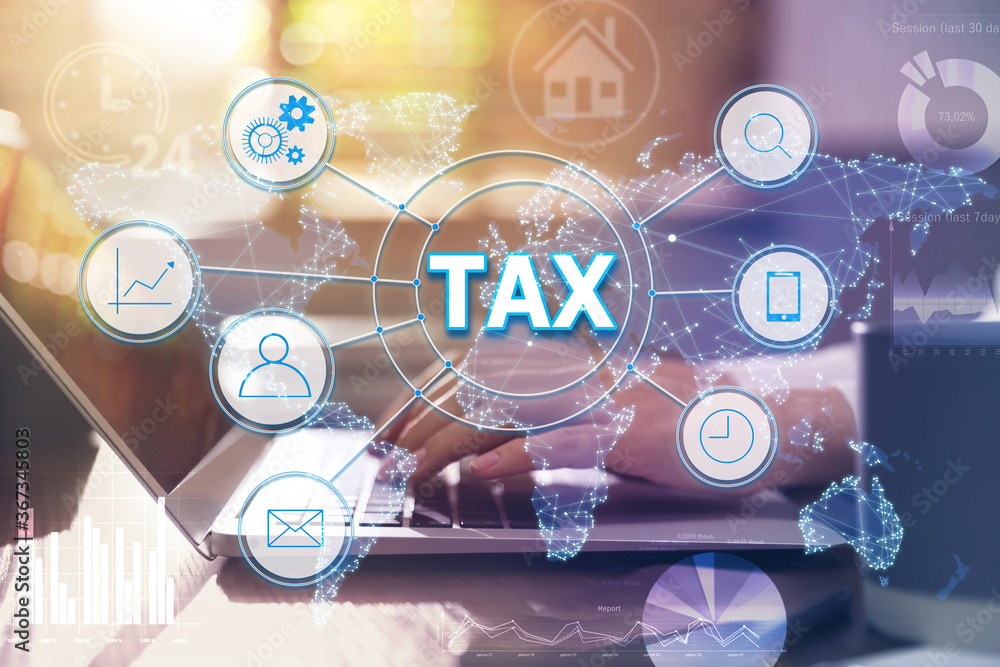 Tax concept. Scheme with icons, charts, world map and woman using ...