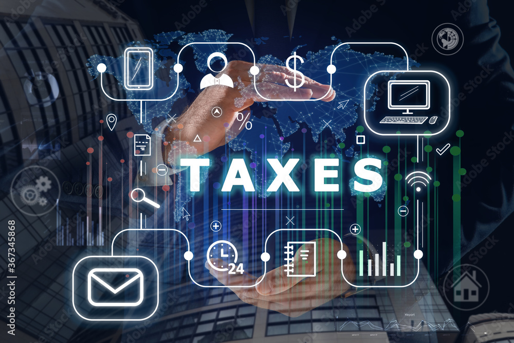 Tax concept. Man demonstrating scheme with icons Stock Photo | Adobe Stock