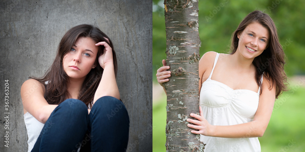 Emotion concept, two portraits of the same model, left photo: sad and ...