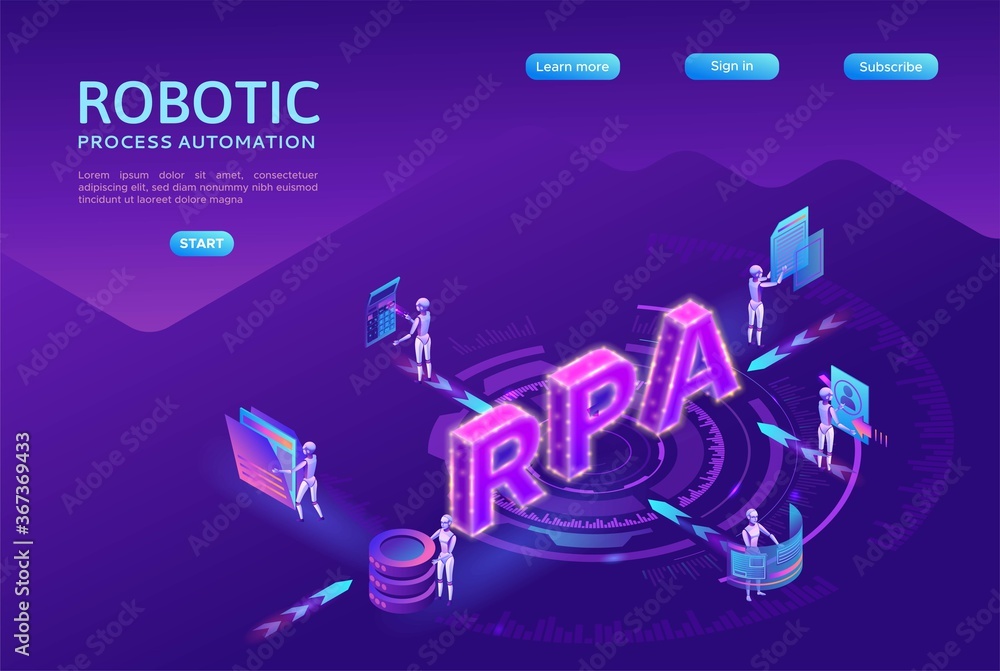 Robotic process automation landing page template with robots working ...