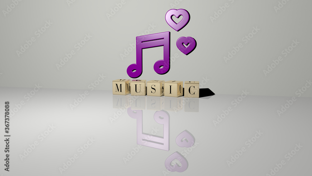 3D representation of music with icon on the wall and text arranged by ...
