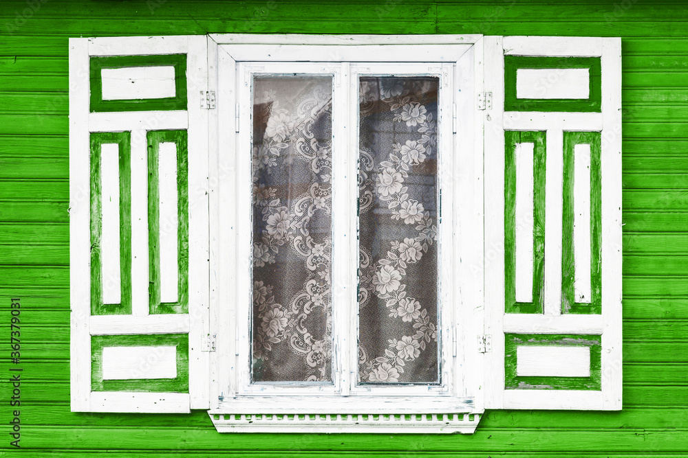 Wooden window rustic cottage house. Vintage wall with transparent glass ...