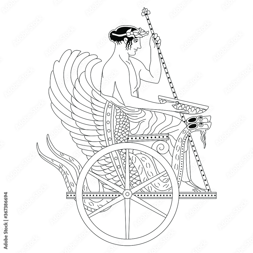 Ancient Greek hero Triptolemus sitting in a winged dragon snake chariot ...