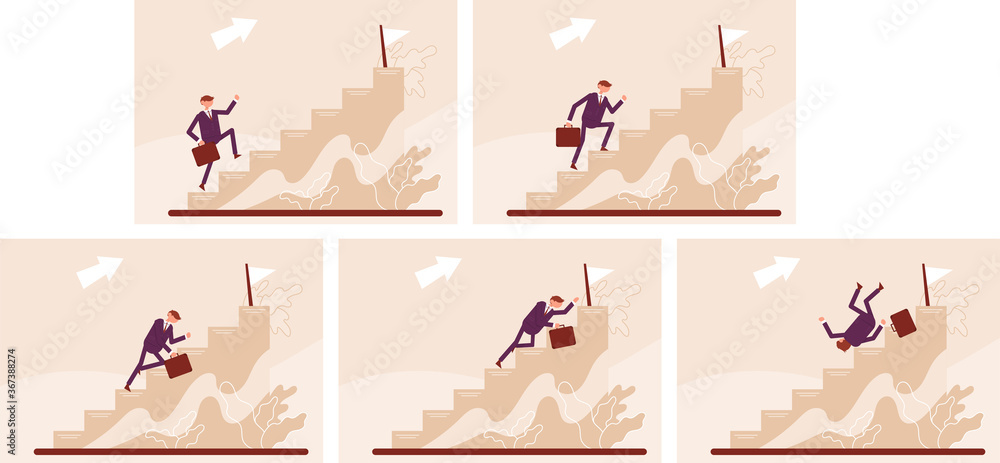 Stages of climbing the stairs. Manager's career. Color vector cartoon ...