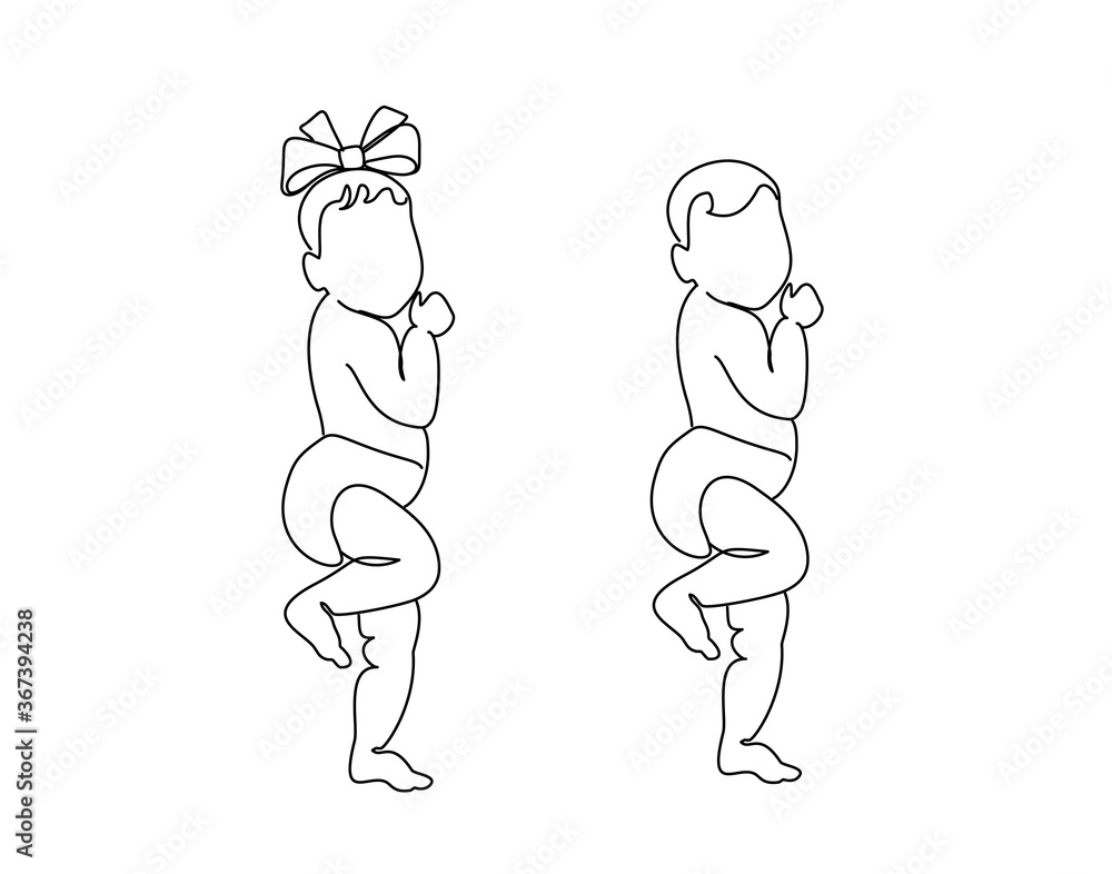 Line drawing cute baby girl with bow and boy. Stock Vector | Adobe Stock