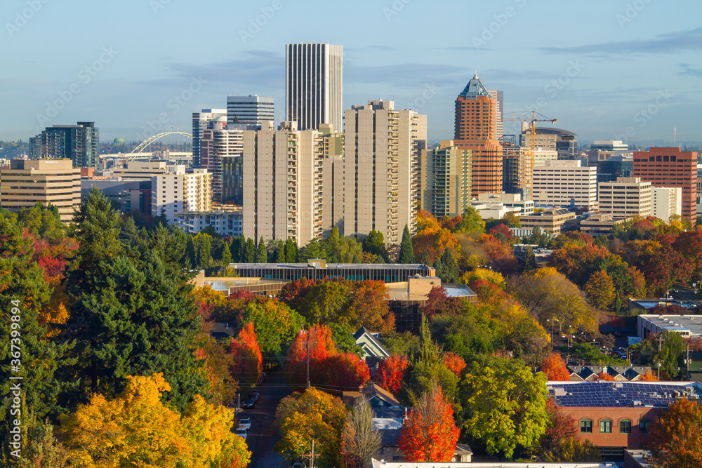 Downtown city of Portland with freeway interchange in foreground Stock ...