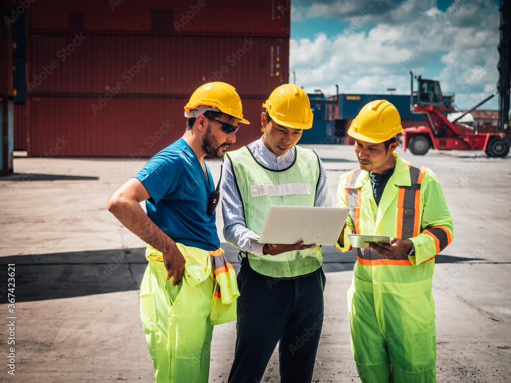 Three smart engineer man wearing safety helmet doing stock tick check ...