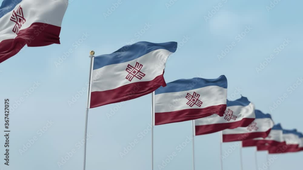 Row of waving flags of National flags of Mari El with sky Background ...